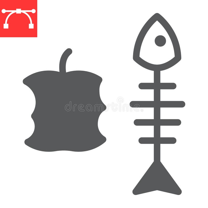 Organic Waste Glyph Icon, Apple Core and Fish Skeleton, Food Waste ...
