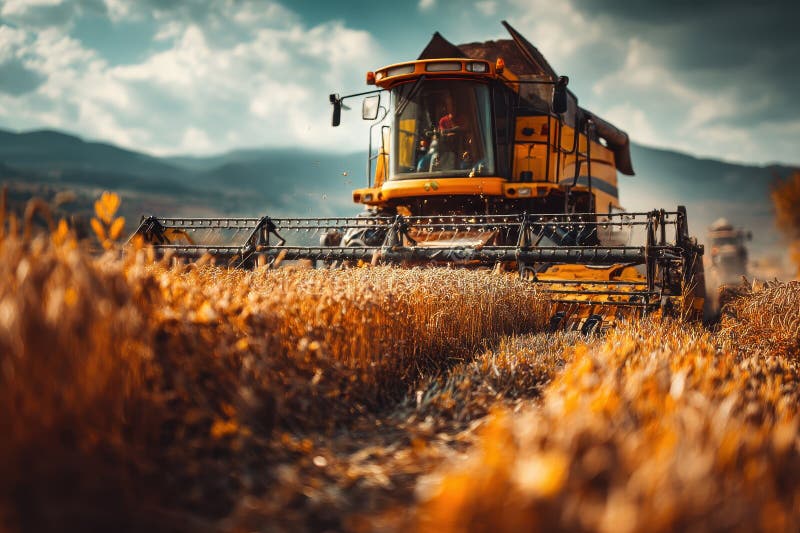 Organic Wheat Harvesting Process with Combine Machine in Rustic ...