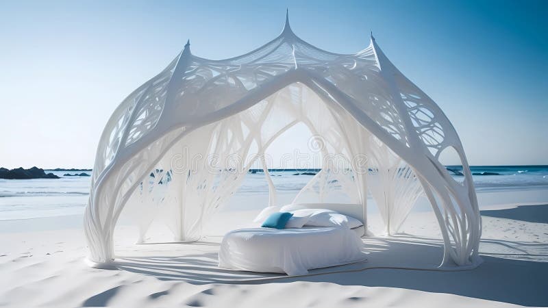 Organic White Canopy Bed on the Beach Stock Illustration - Illustration ...