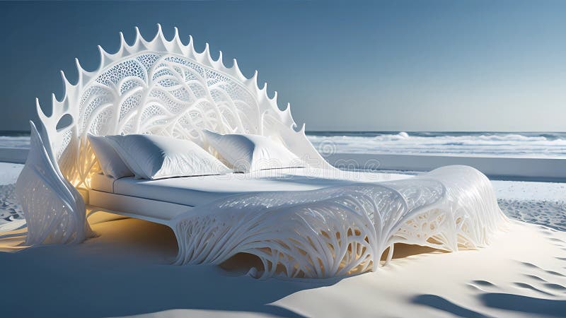 Organic White Canopy Bed on the Beach Stock Illustration - Illustration ...