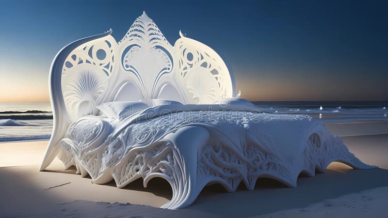 Organic White Canopy Bed on the Beach Stock Illustration - Illustration ...