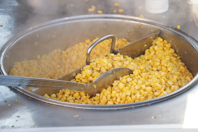 Organic Yellow Steamed Corn in Steel Container. Stock Photo - Image of ...