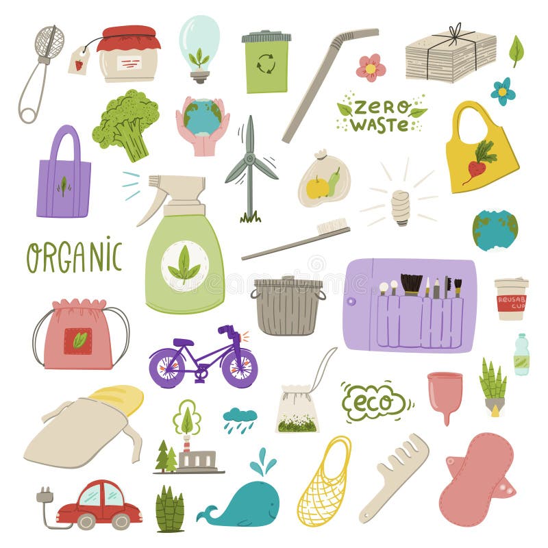 Organic and Zero Waste Hand Drawn Doodle Style Cartoon Illustration ...