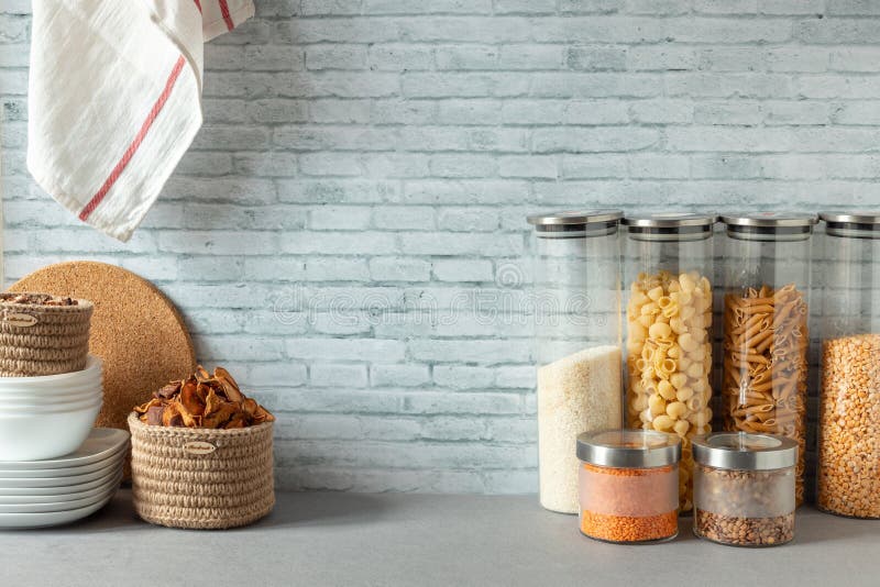 Organising Zero Waste Storage in Kitchen. Pasta and Cereals in Reusable ...