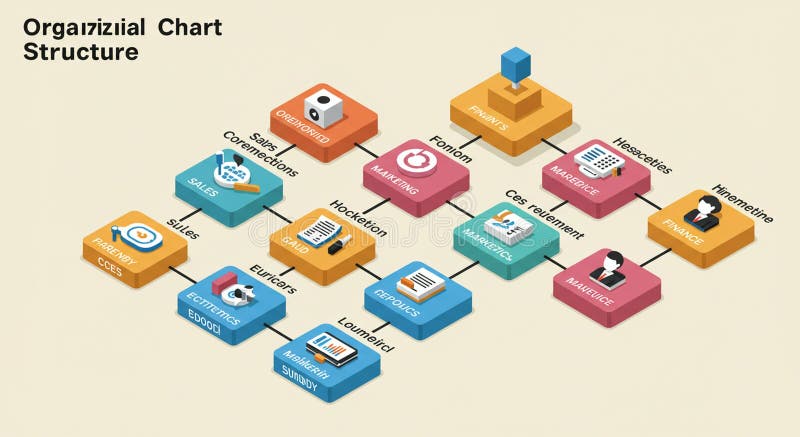 Organizational Chart Structure with a Blocky, Isometric Design. Color ...