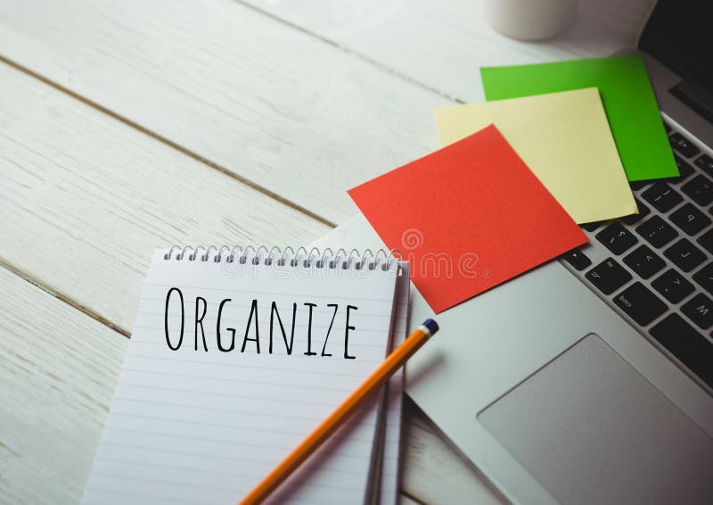Organize Text Written on Page with Sticky Notes and Laptop Stock Photo ...
