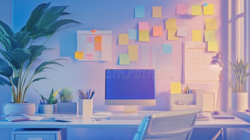 Organize Workspace with Computer and Sticky Notes for Office ...