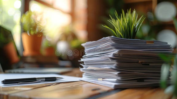 Organized Accounting: Stack of Documents on Desk with Copy Space for ...