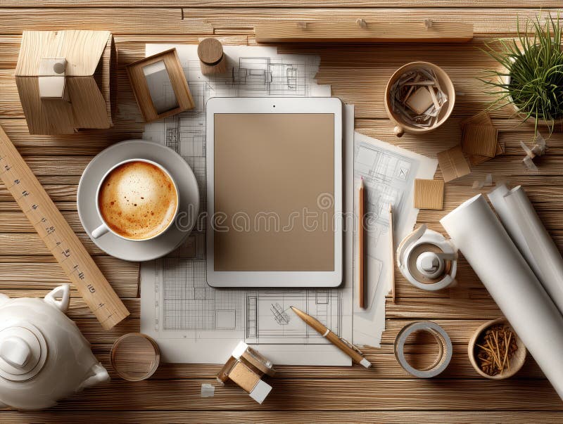 Organized Architect S Desk with Coffee and Design Tools. Top View Stock ...