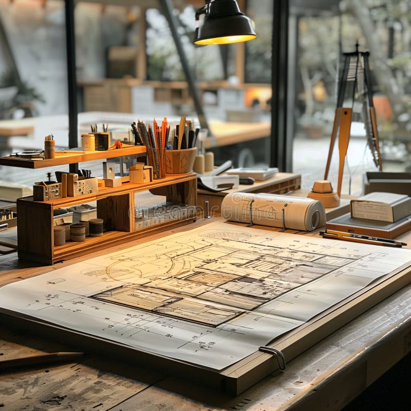 Arranged Architect S Studio with Blueprints, Models, and Drafting Tools ...