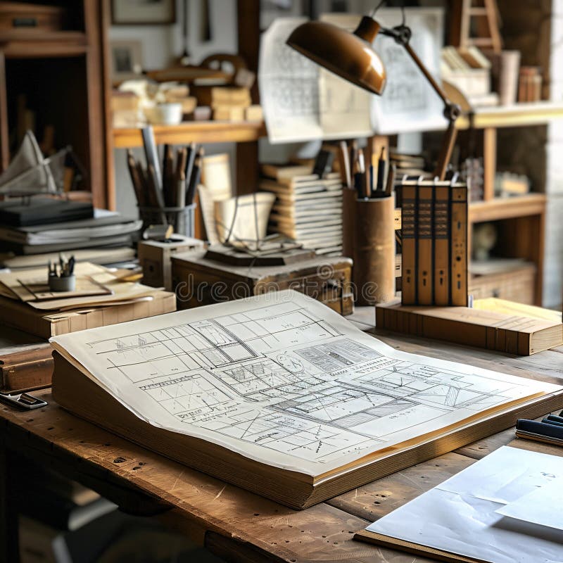 Arranged Architect S Studio with Blueprints, Models, and Drafting Tools ...