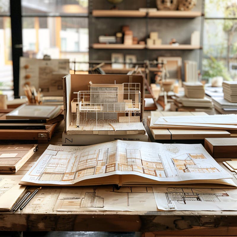 Arranged Architect S Studio with Blueprints, Models, and Drafting Tools ...