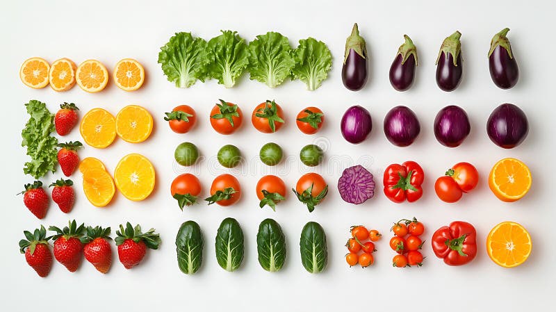 Organized Array of Fruits and Vegetables in Rows on a White Surface ...