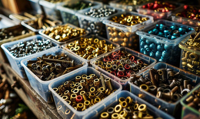 Organized Assortment of Brass and Metal Fasteners in Transparent ...