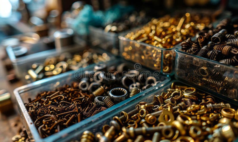 Organized Assortment of Brass and Metal Fasteners in Transparent ...