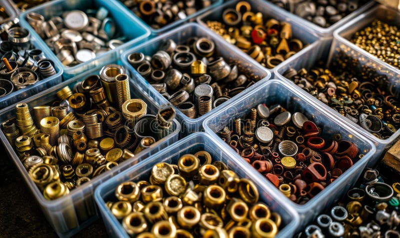Organized Assortment of Brass and Metal Fasteners in Transparent ...