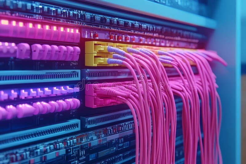 Organized Bundles of Purple and Pink Network Cables in a Server Rack ...