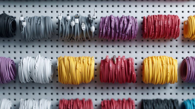 Organized Chaos of Colorful Cables, Neatly Coiled on a Pegboard ...
