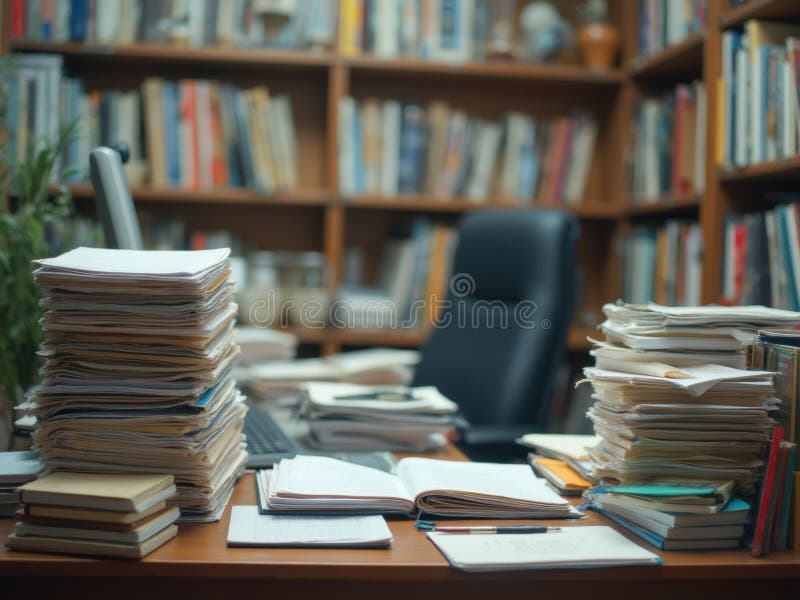 Organized Chaos of Papers and Books in a Cluttered Office Library ...