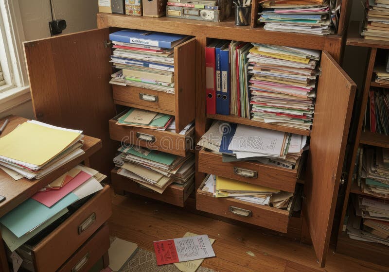 Organized Chaos a Study in Paperwork and Cabinets Overflowing Cabinets ...