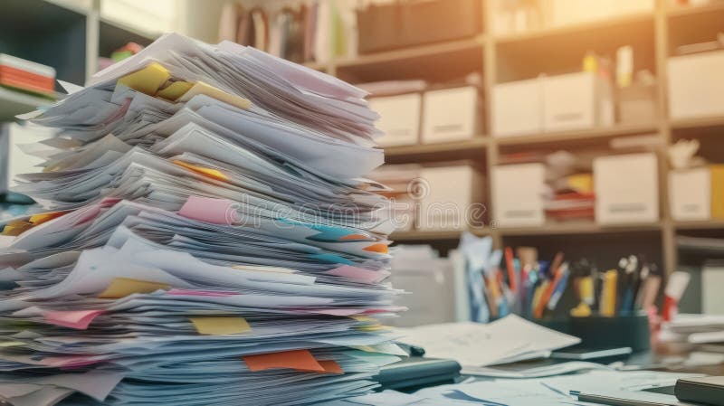 Organized Chaos: Tall Stack of Papers in a Busy Office Setting Stock ...