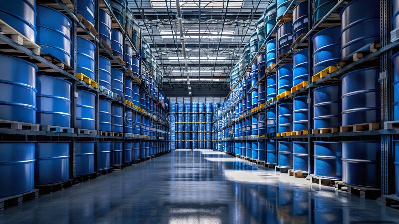 Organized Chemical Storage Warehouse with Blue Containers Stock Image ...