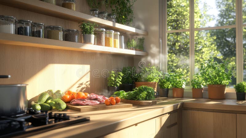 Organized and Clean Kitchen Counter Displaying Ingredients Stock Image ...
