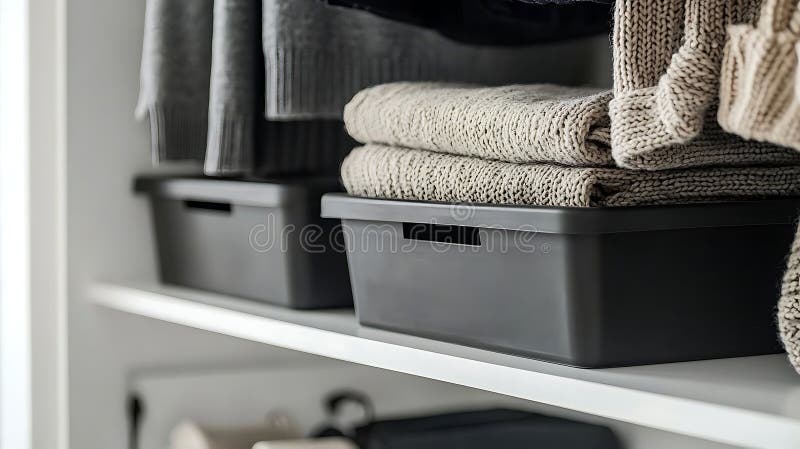 Organized Closet with Black Storage Boxes and Folded Clothes in Neutral ...