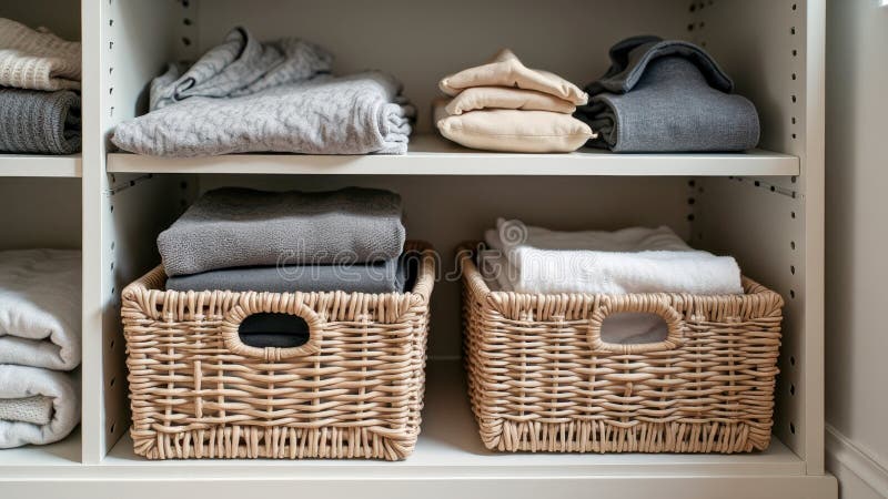 Organized Closet with Folded Clothes and Wicker Baskets on Shelves ...