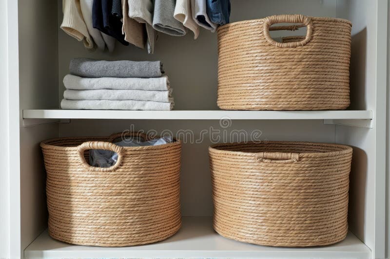 Organized Closet Neatly Stacked Clothes Woven Baskets Stock Photos ...