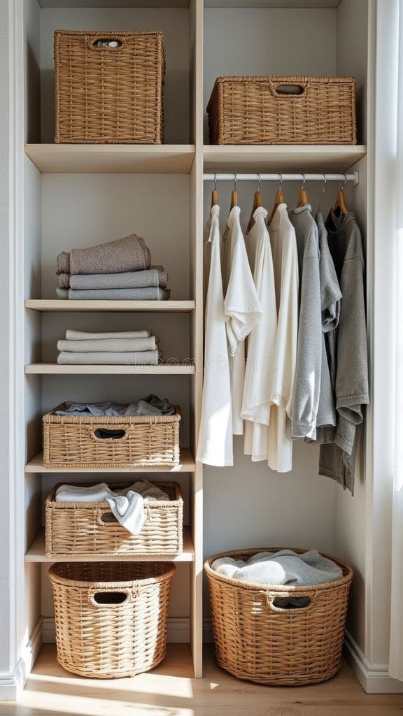 Organized Closet with Wicker Baskets, Folded Clothes, and Hanging ...