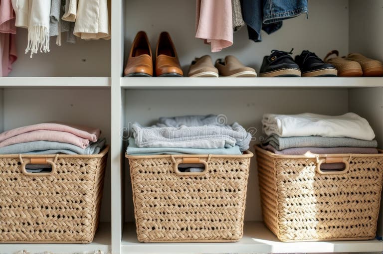 Organized Closet with Wicker Baskets and Folded Clothes in Neat ...