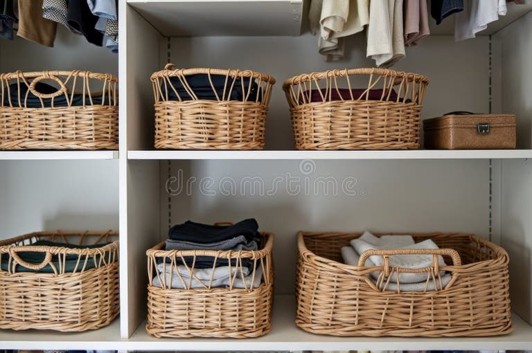 Organized Closet with Wicker Baskets and Folded Clothes on Shelves ...