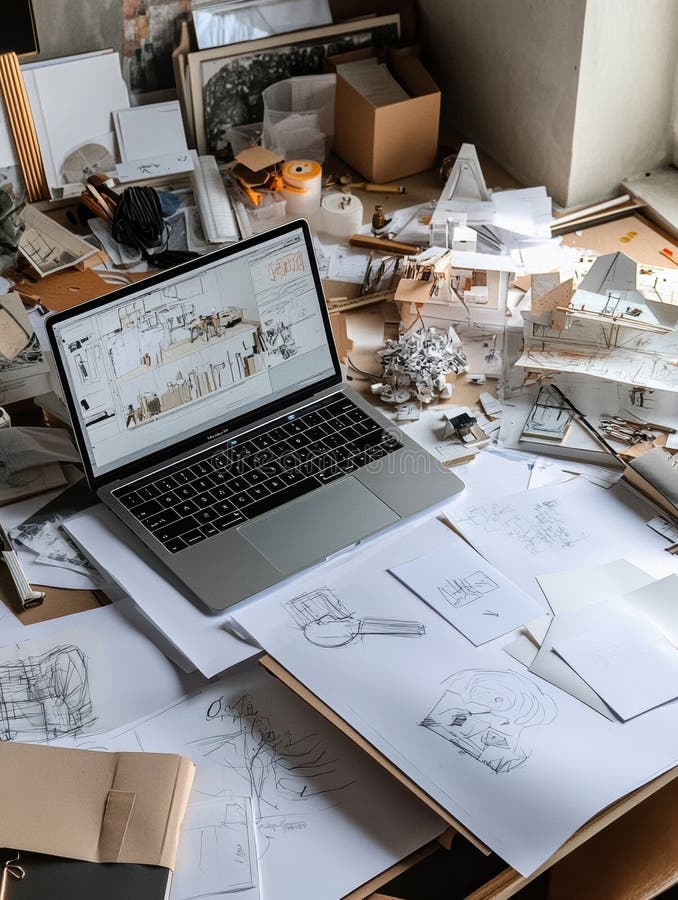An Organized yet Cluttered Desk Features a Laptop Displaying Design ...