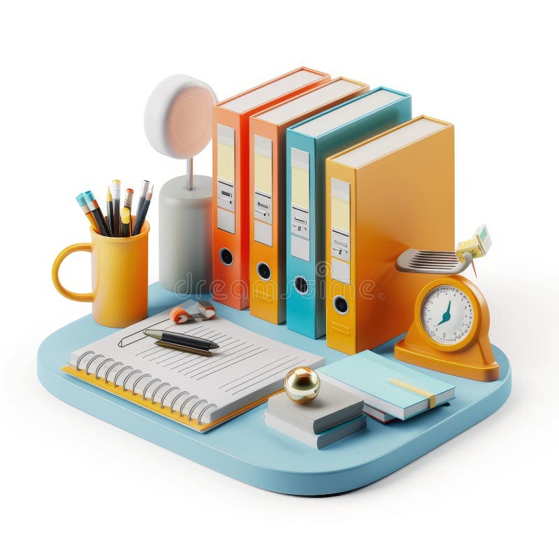 Colorful Office Supplies and Files on Desk Stock Illustration ...