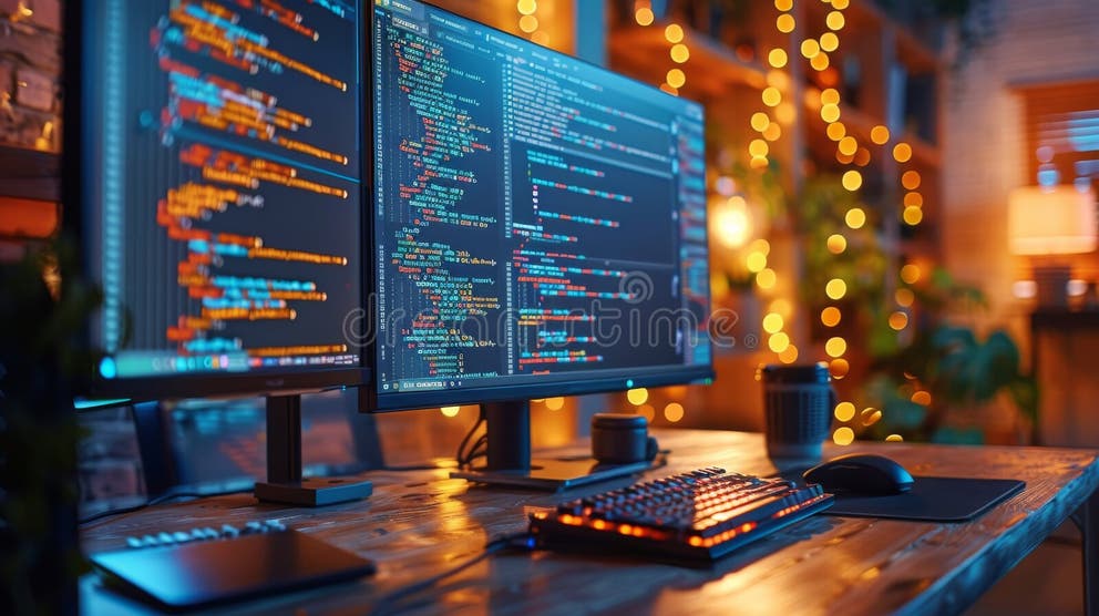 Organized Computer Desk Setup with Dual Monitors and Keyboard Stock ...