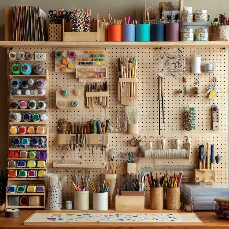 Organized Craft Supplies Displayed on a Pegboard and Shelf System Setup Stock Illustration ...