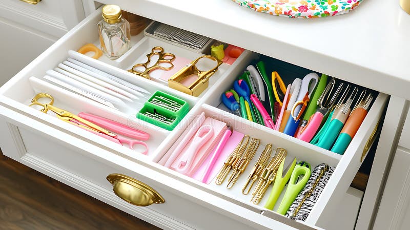 Organized Craft Supplies in a White Drawer Stock Image - Image of ...
