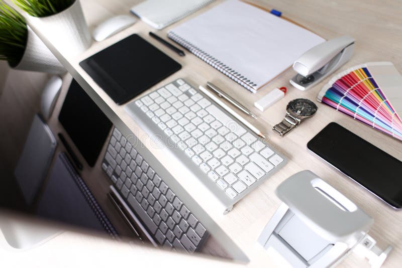 Organized Designer Workplace at Office Desk Closeup Stock Image - Image ...