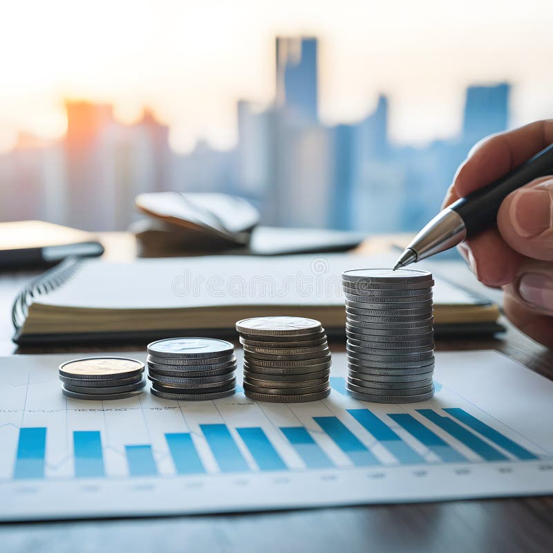 Organized Desk with Coins, Graph, Notebook and Pen, Urban Skyline ...