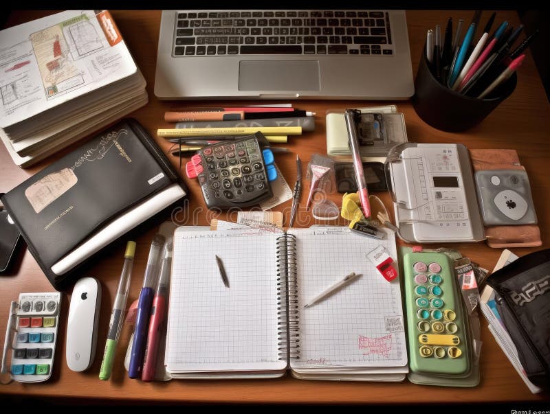 Organized Desk with Laptop and Office Supplies Stock Illustration ...