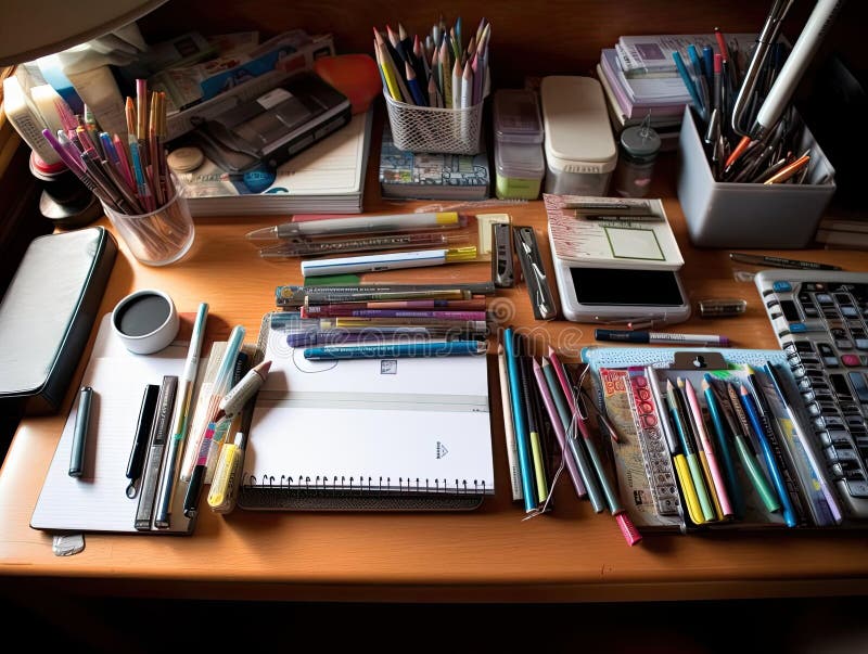 Organized Desk with Laptop and Office Supplies Stock Illustration ...