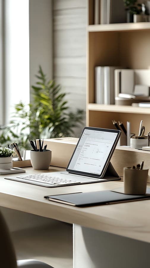 Organized Desk Setup Featuring Sleek Technology in Neutral Colors for ...