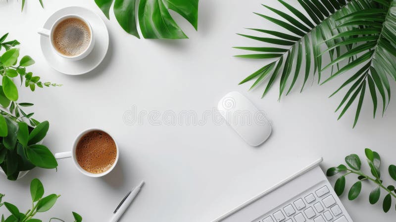 Organized Desk Setup with Keyboard, Coffee Cup, and Plant Stock Image ...