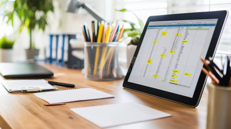 Organized Desk Setup with Project Timelines on Tablet Stock ...