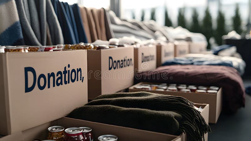 Organized Donation Boxes for Community Support, Featuring Various ...