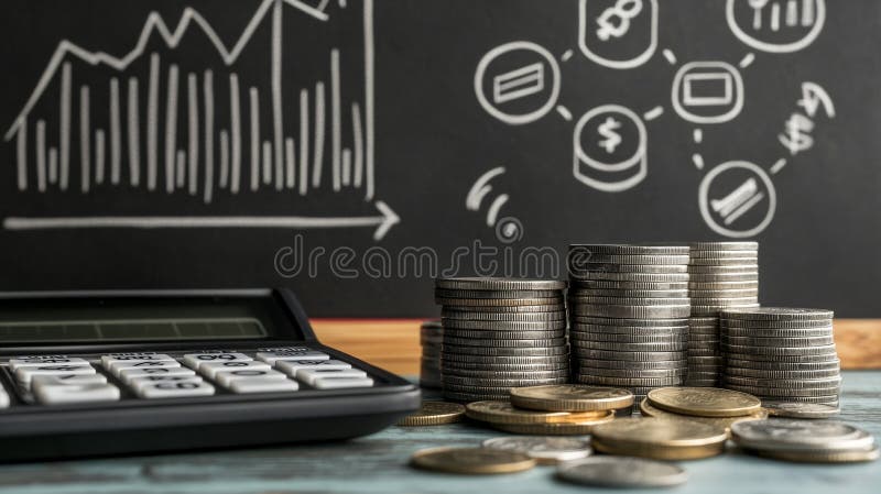 Organized Financial Workspace with Coins and Graphs Unfolded Stock ...