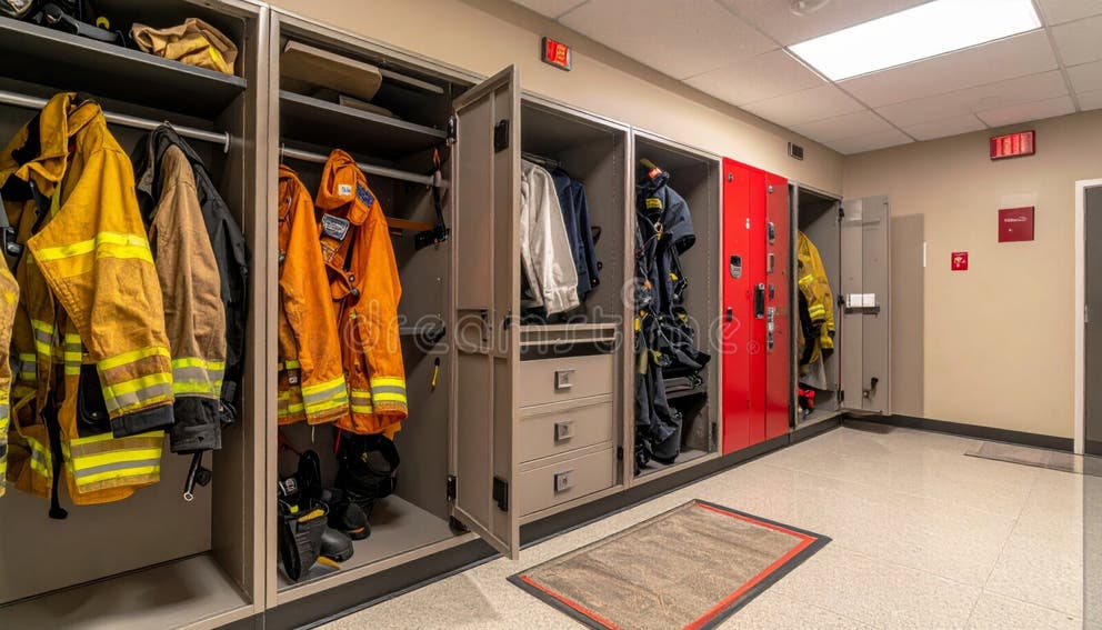 Organized Firefighter Gear Storage in a Fire Station Stock Illustration ...