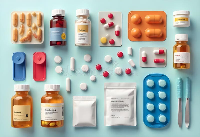 Organized Flat Lay of Medication Containers and Pills on a Blue ...