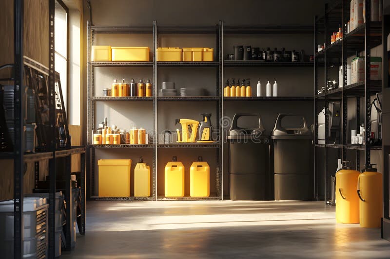 Organized Garage Storage with Shelves and Containers in Warm Light ...